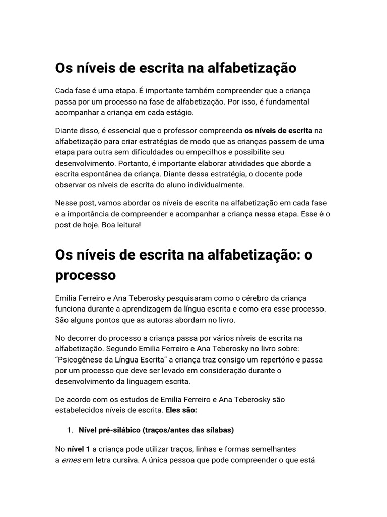 Níveis de Escrita na Alfabetização | PDF | Alfabetização | Escrita