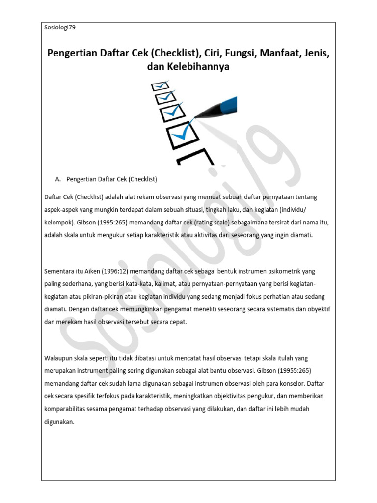 Pengertian Daftar Cek (Checklist), Ciri, Fungsi, Manfaat, Jenis, Dan Kelebihannya | PDF