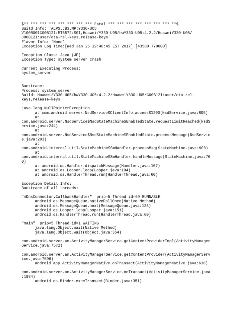 Huawei Y330-U05 System Server Crash Log | PDF