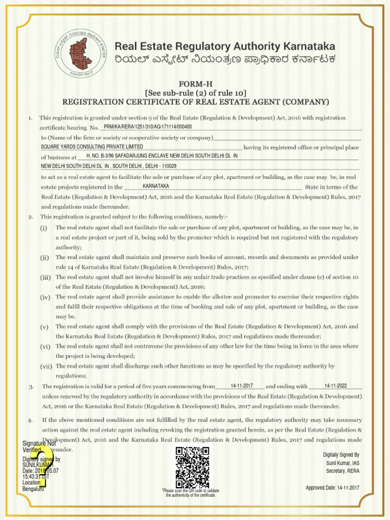 RERA Certificate for Square Yards Consulting | PDF