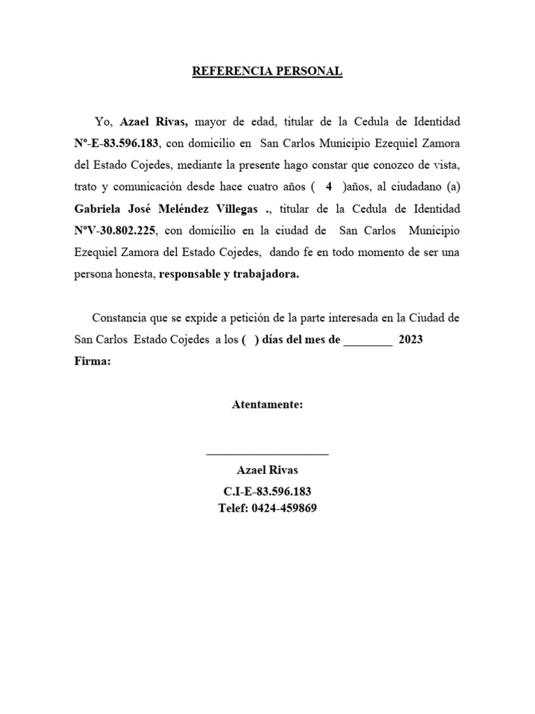 Ejemplo de Referencia Personal Editable | PDF