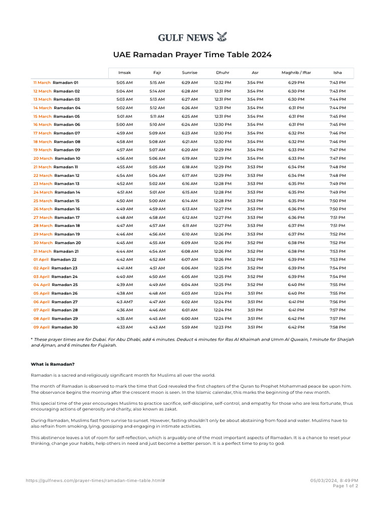 Ramadan Time Table 2024 UAE, Ramadan Prayer Timings, Imsak, Seher ...