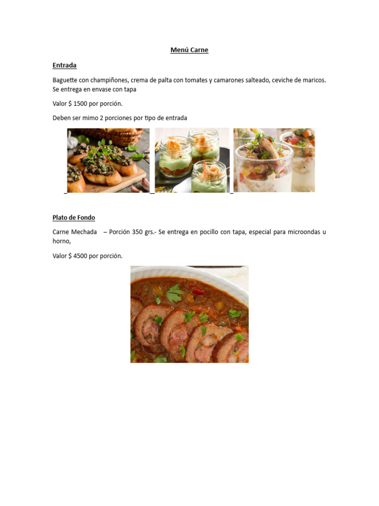 Menú de Carne: Entradas, Platos y Postres | PDF