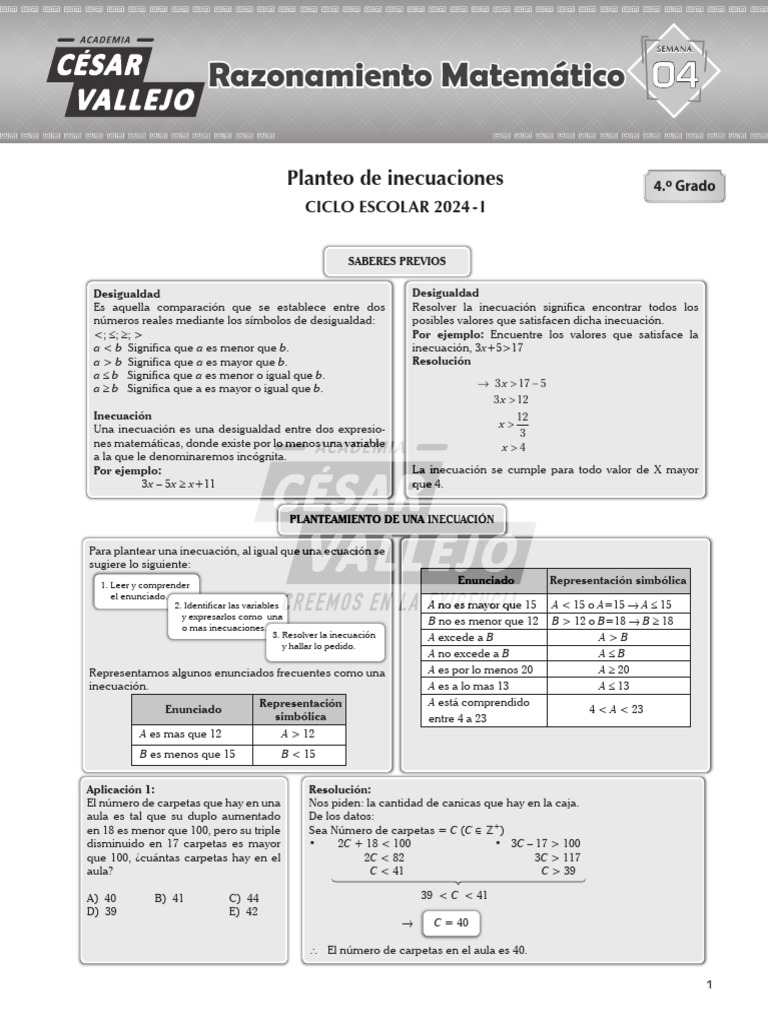 RM 4º Esc Diri Sem4 | PDF | Desigualdad (Matemáticas) | Ecuaciones