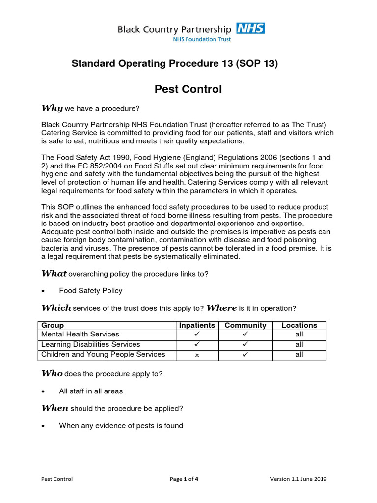 Food Safety - SOP 13 - Pest Control | PDF | Food Safety | Pest Control