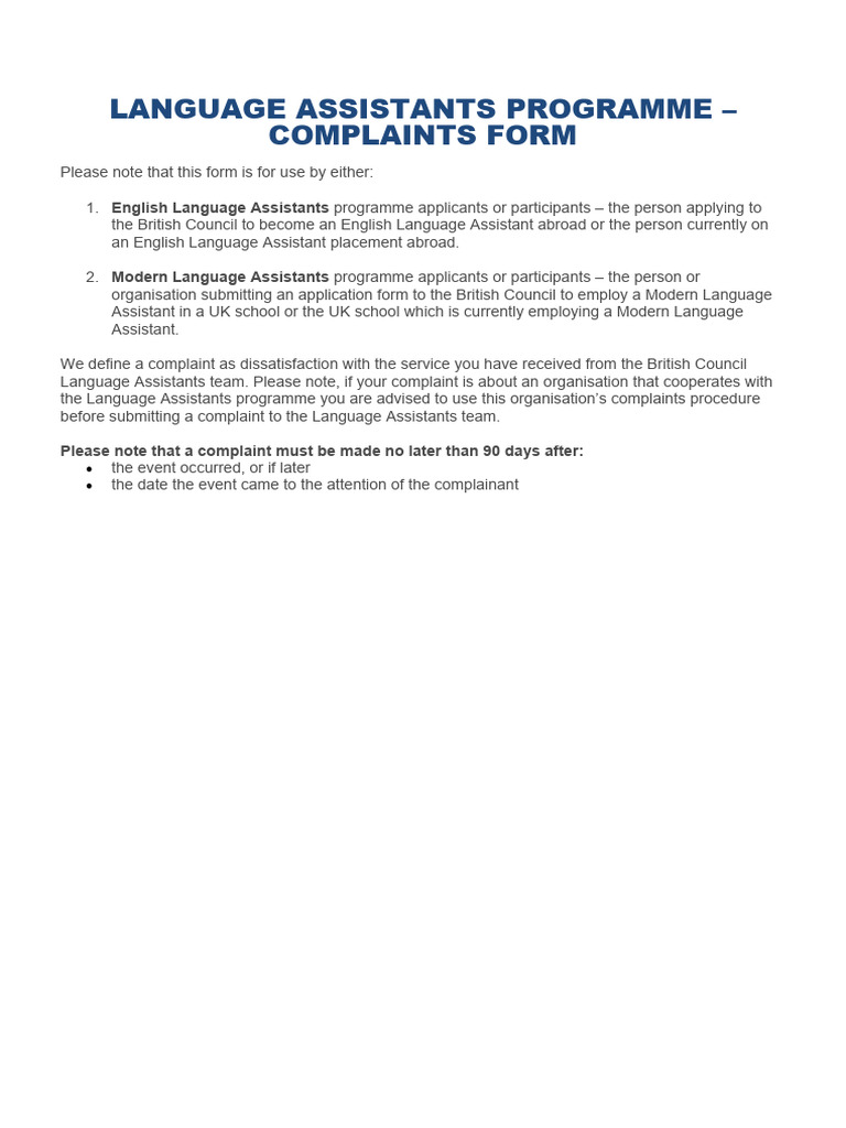 Language Assistants Programme Complaints Form | PDF | Complaint