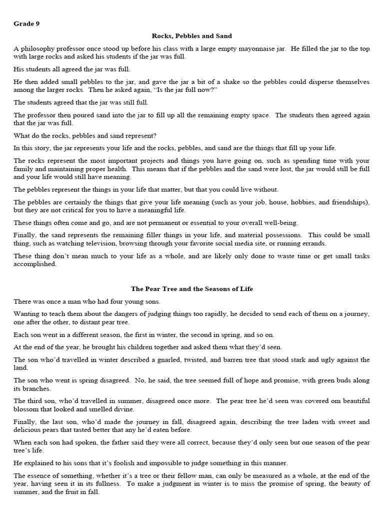 Life Lessons Through Stories for Grade 9 | PDF