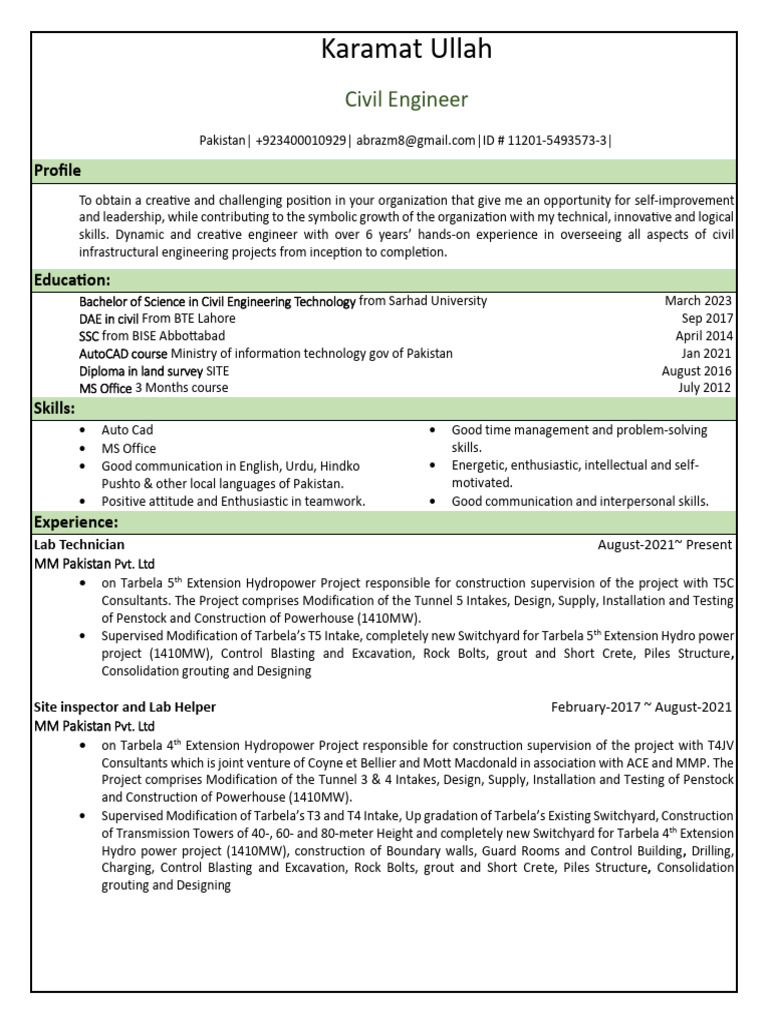 Karamat Ullah CV 1 | PDF | Concrete | Building Materials