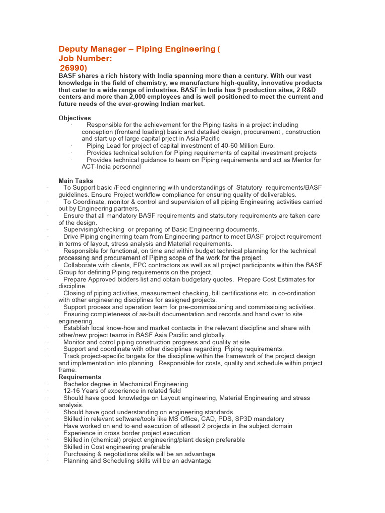 Deputy Manager Piping Engineering Job | PDF | Engineering | Procurement