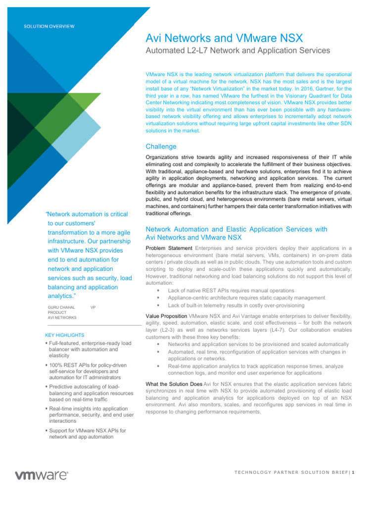 Vmware Avi Networks and NSX Solution Brief | PDF | Cloud Computing | Automation