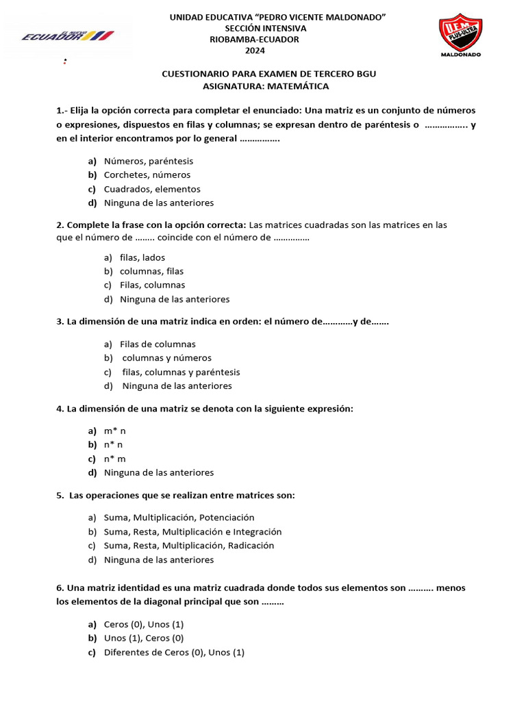 Cuestionario Examen de Grado MATEMATICA | PDF