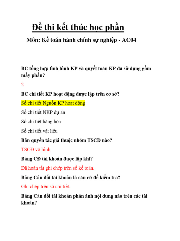 AC04 - Kế toán hành chính sự nghiệp (câu hỏi thi) | PDF