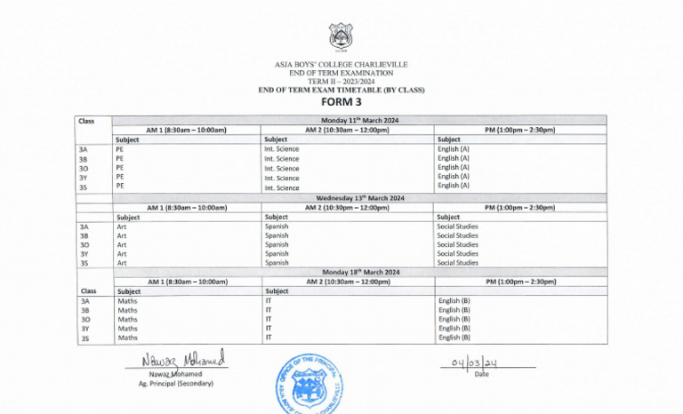 Form 3 Time Table Term II 2023 24 | PDF