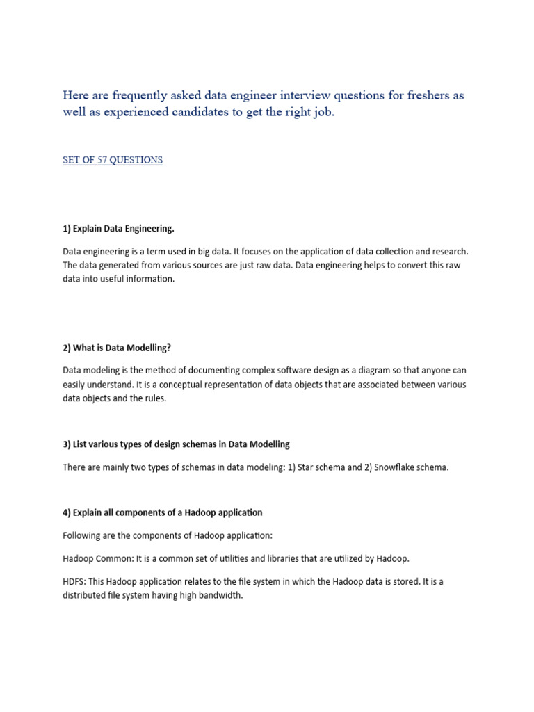Data Engineer Interview Questions | PDF | Apache Hadoop | Computing Data Engineer Interview Questions | PDF | Apache Hadoop | Computing
