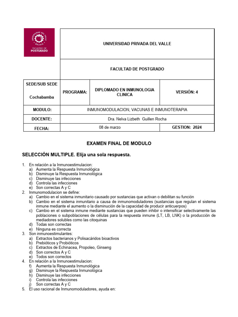 Examen de Modulo | PDF | Sistema inmune | Inmunoterapia