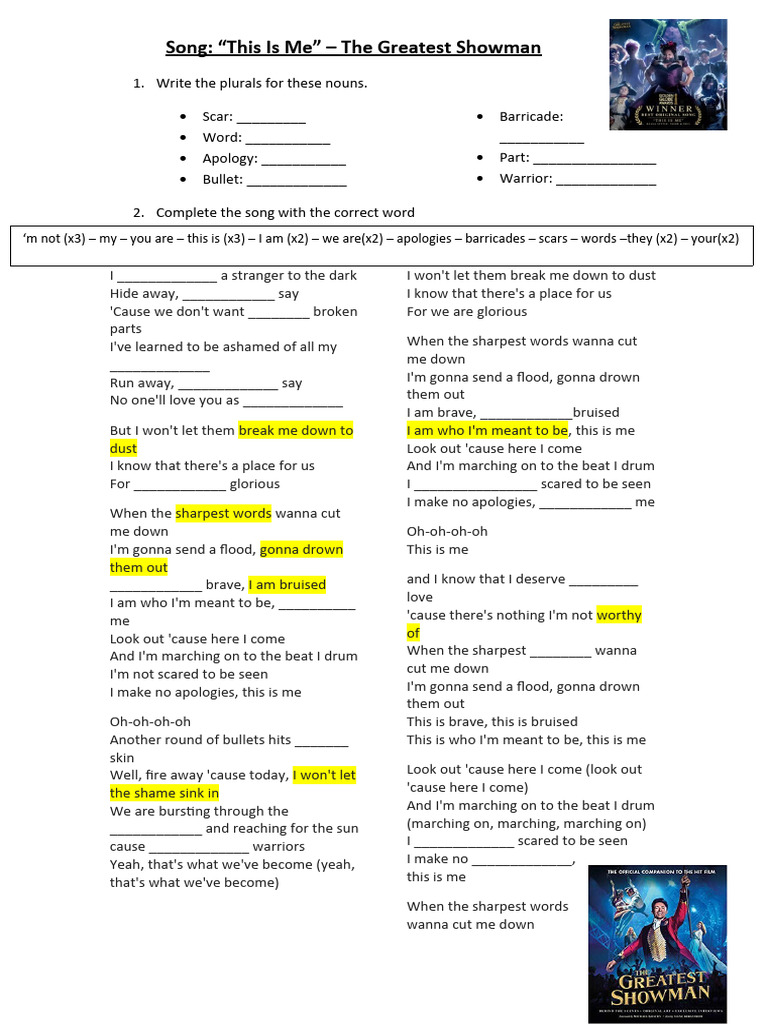 "This Is Me: Lyrics and Activities" | PDF | Linguistic Morphology ...