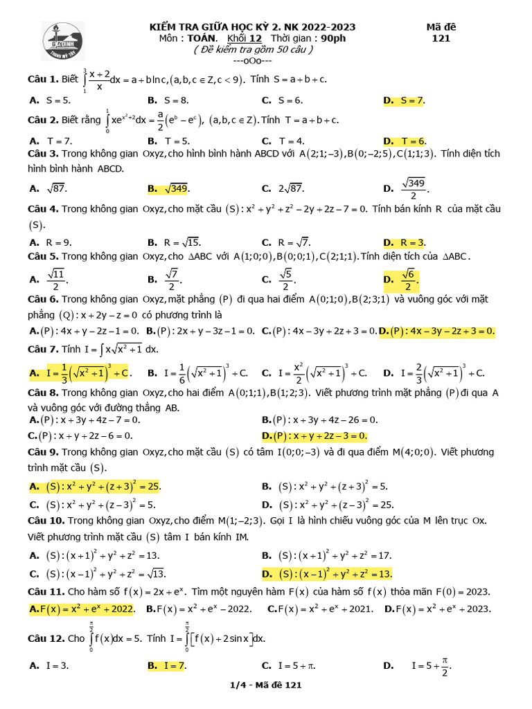 De Giua Hoc Ki 2 Toan 12 Nam 2022 2023 Truong THPT Gia Dinh TP HCM | PDF