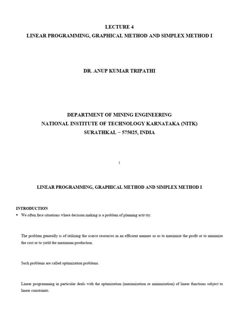 Lecture 4 - Linear Programming, Graphical Method and Simplex Method I | PDF | Linear Programming ...