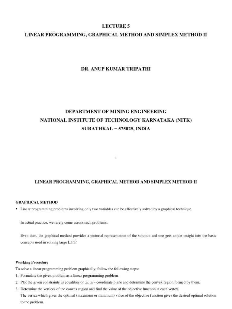 Lecture 5 Linear Programming Graphical Method And Simplex Method Ii Pdf Mathematical