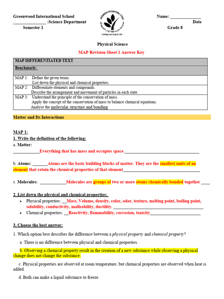MAP-Physical Science Worksheet 1 Matter Answer Key | PDF | Chemistry ...