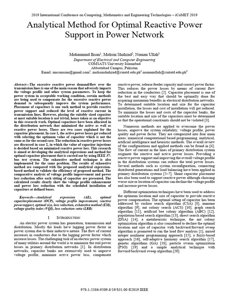 2019 - Analytical Method for Optimal Reactive Power Support in Power Network | PDF | Ac Power ...