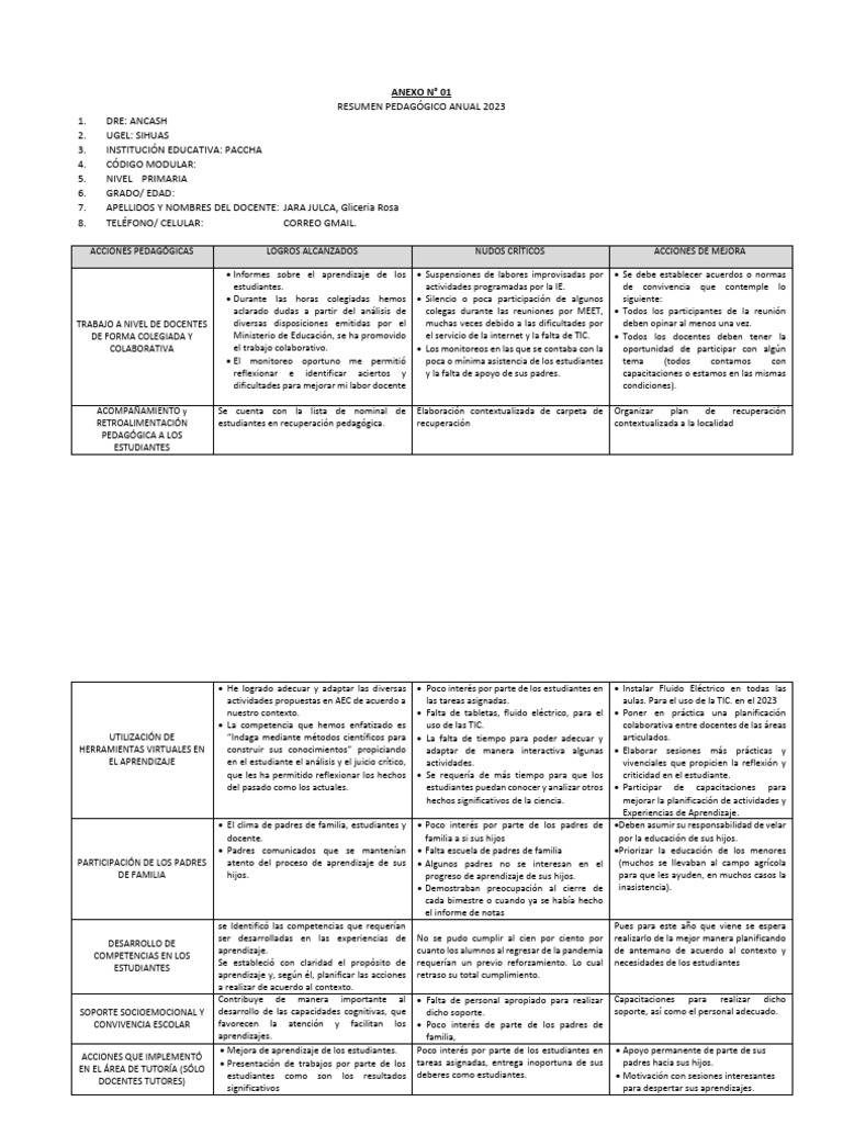 ANEXO N° 01 | PDF | Aprendizaje | Evaluación