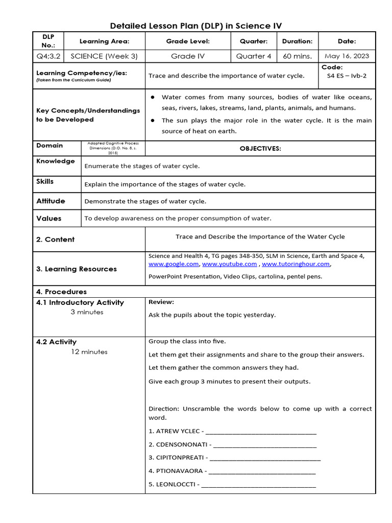 DLP Science 4 - Q4 Wk.3.2 | PDF | Water | Water Cycle