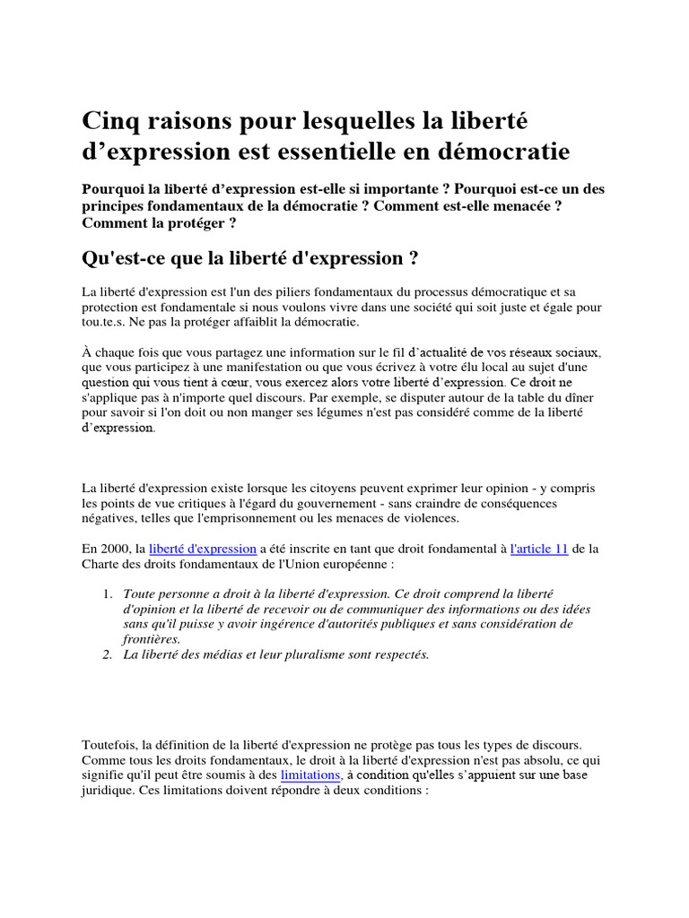 Cinq Raisons Pour Lesquelles La Liberté D | PDF