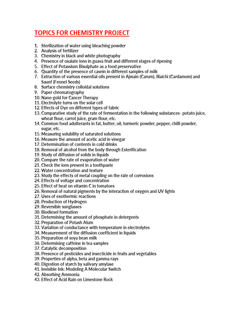 Chemistey Project Topics | PDF | Electrolyte | Chemistry