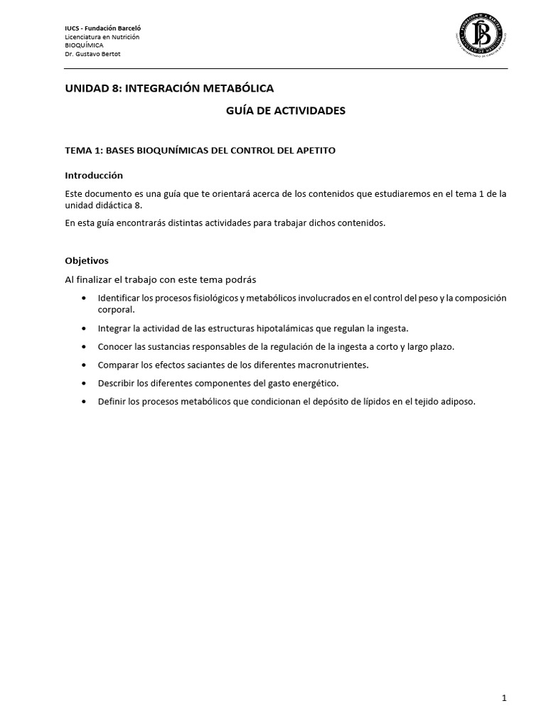 Ud8 Tema 1 Bioquímica Del Control Del Apetito Guía de Actividades 2020 | PDF | Leptina | Tejido ...