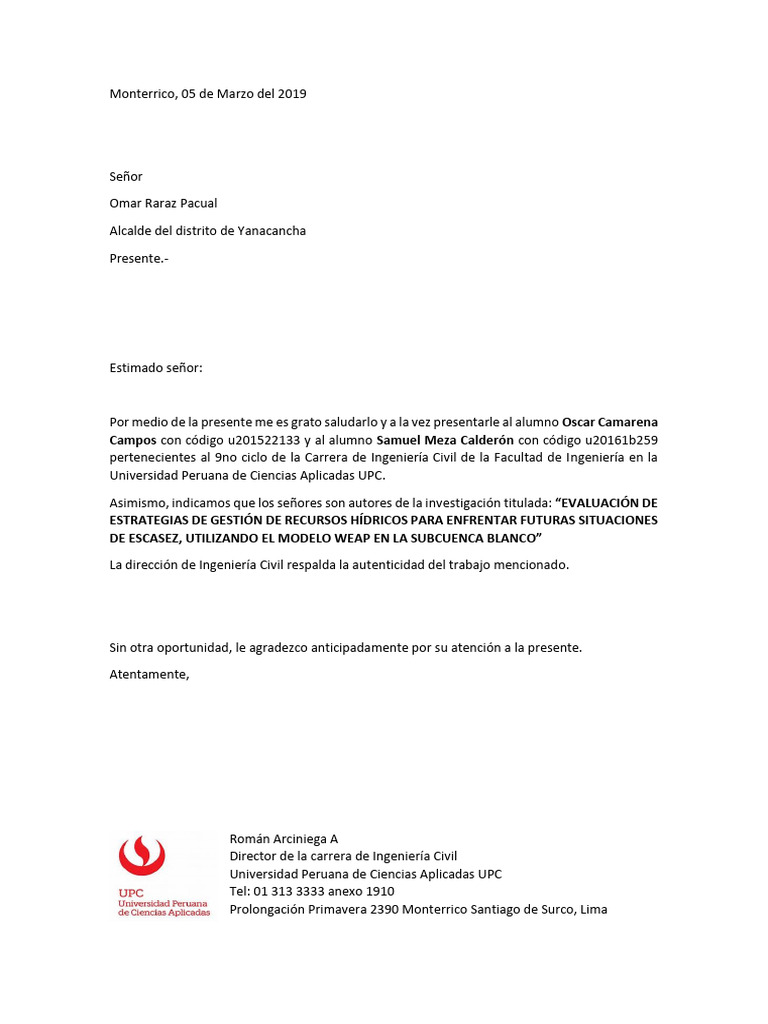 Carata de Presentacion | Descargar gratis PDF | Recursos hídricos ...