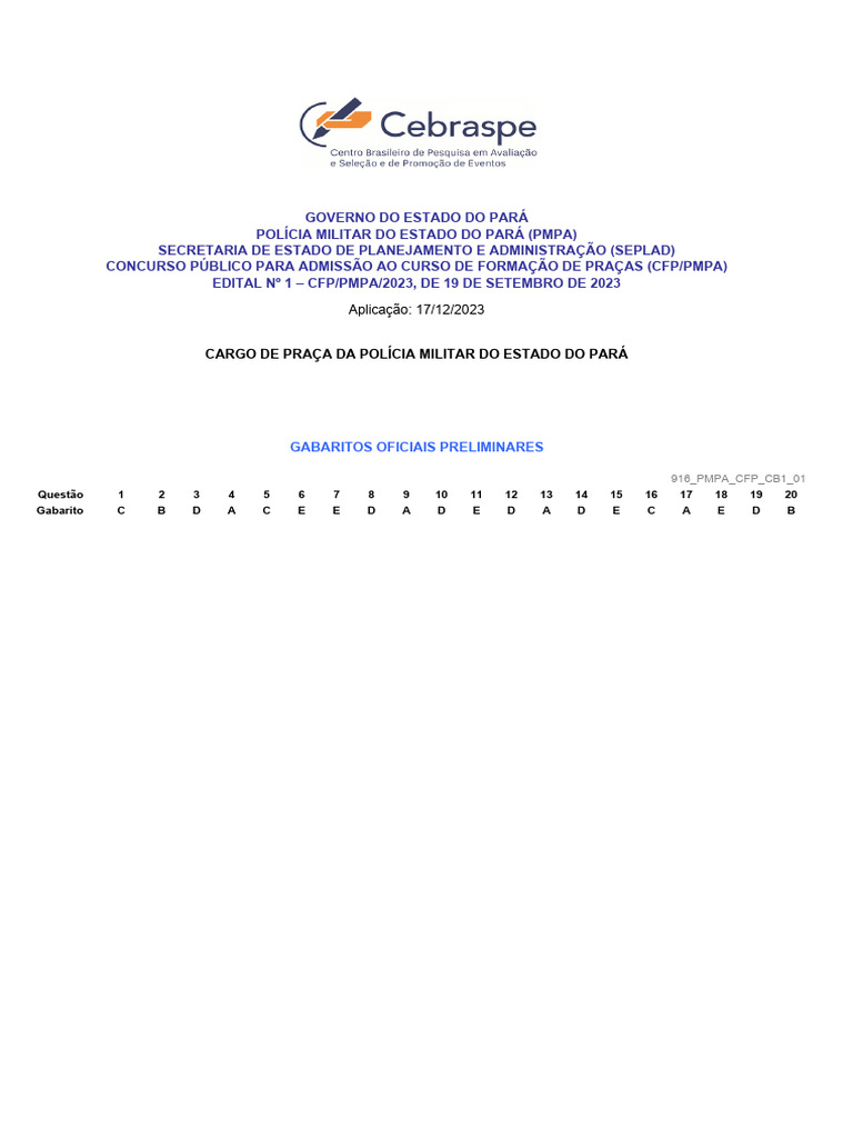 Gabarito Oficial Cebraspe Básicas - PMPA 2024 | PDF Gabarito Oficial Cebraspe Básicas - PMPA 2024 | PDF