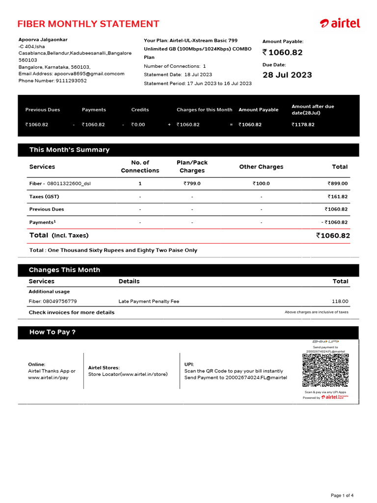 Airtel Fiber Monthly Statement July 2023 | PDF | Cheque | Credit Card