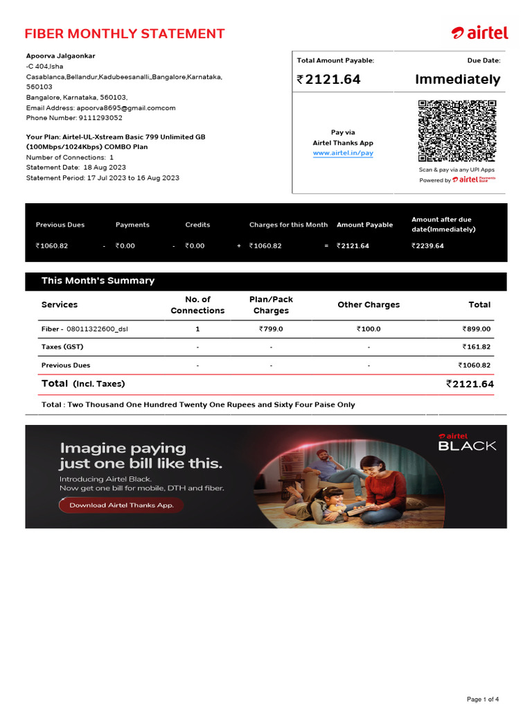 Airtel Fiber Monthly Statement - Aug 2023 | PDF | Cheque | Credit Card