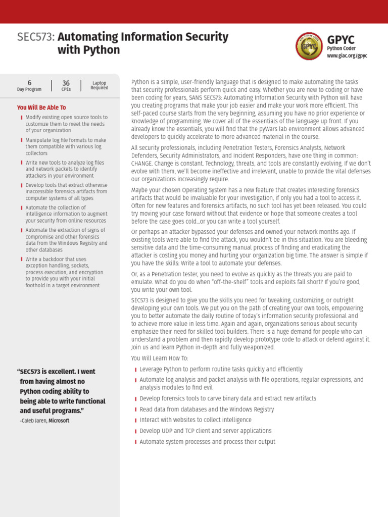 Automating Security with Python: SEC573 | PDF