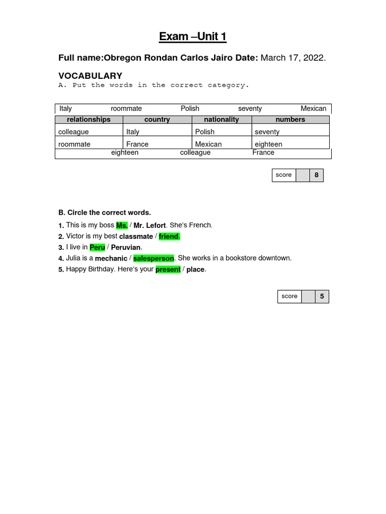 Exam - Unit 1 | PDF | Language Arts & Discipline | Wellness