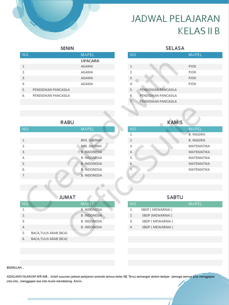 Jadwal Pelajaran New Kelas 2B | PDF