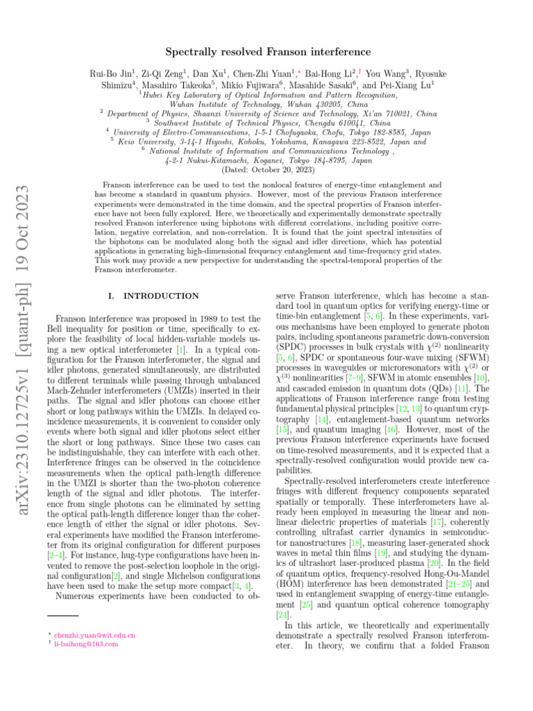 Spectrally Resolved Franson Interference | PDF | Coherence (Physics ...