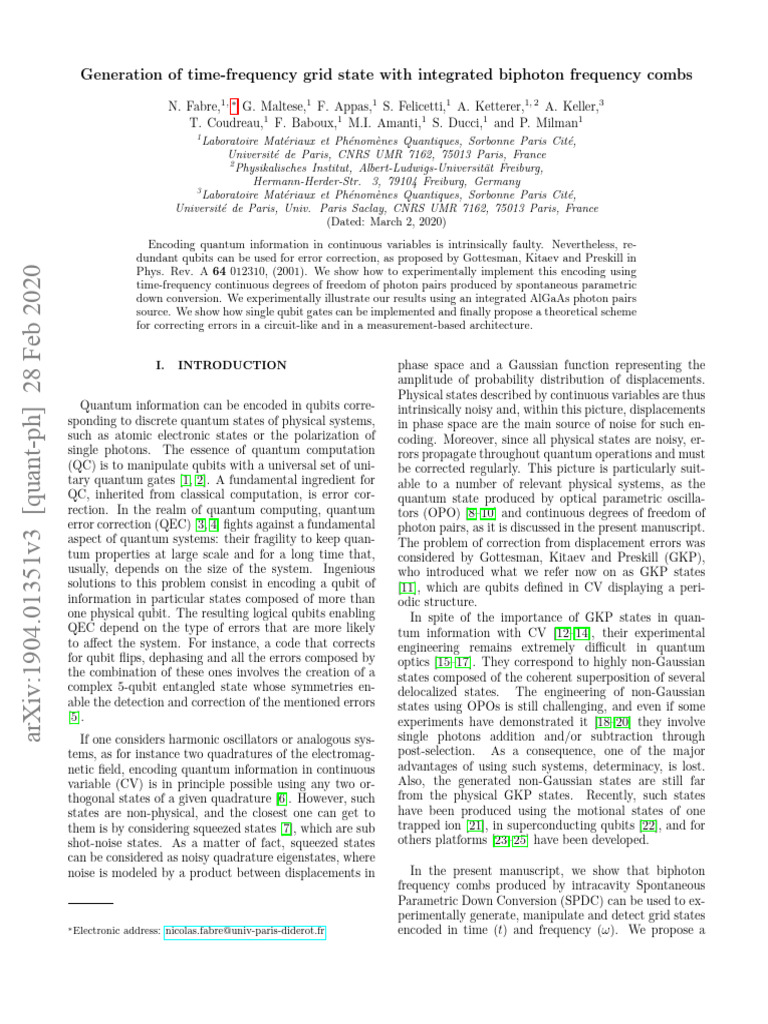 Generation of Time-Frequency Grid State With Integrated Biphoton ...