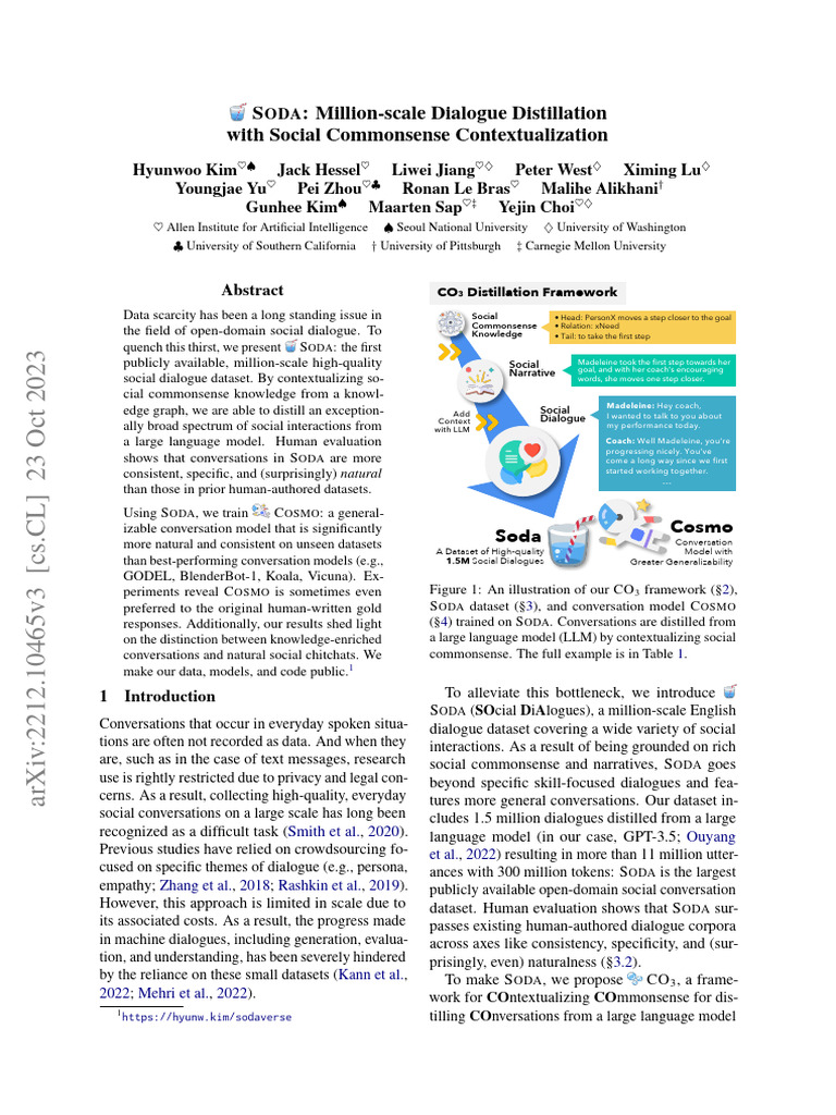 SODA_ Million-scale Dialogue Distillation with Social Commonsense Contextualization, Hyunwoo Kim ...