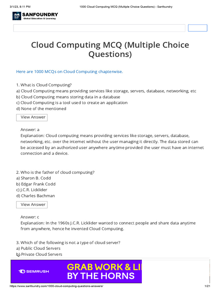 1000 Cloud Computing MCQ (Multiple Choice Questions) - Sanfoundry | PDF | Cloud Computing ...