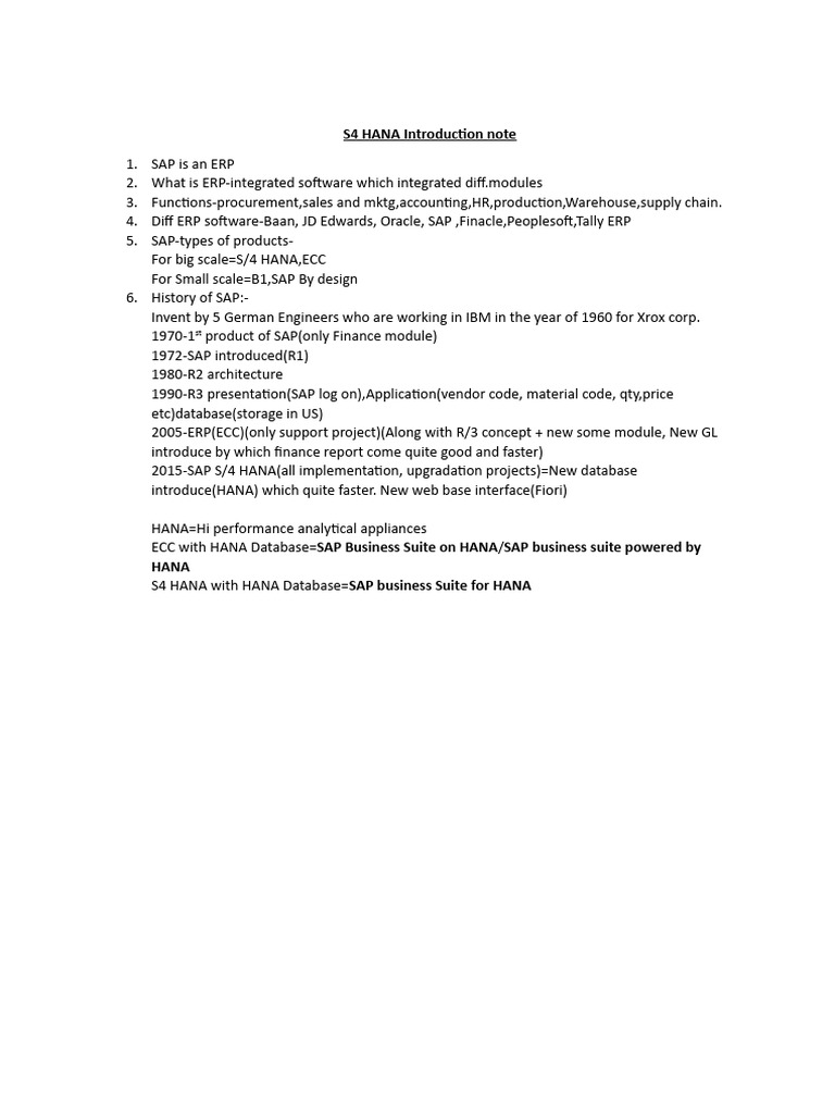 SAP S4 HANA Introduction Note (Updated) | PDF | Databases | Random Access Memory