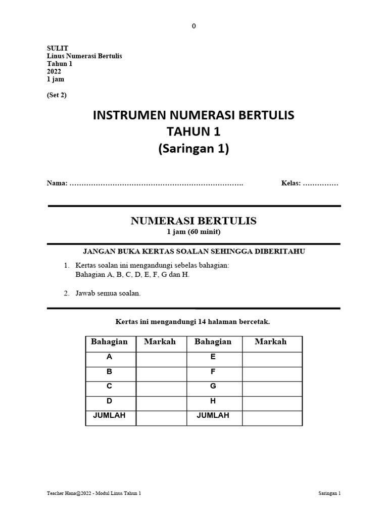 MODUL 8 SET LINUS TAHUN 1 - SARINGAN 1 Numerasi | PDF