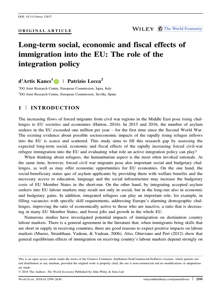 World Economy - 2018 - Kancs - Long Term Social Economic and Fiscal Effects of Immigration Into ...