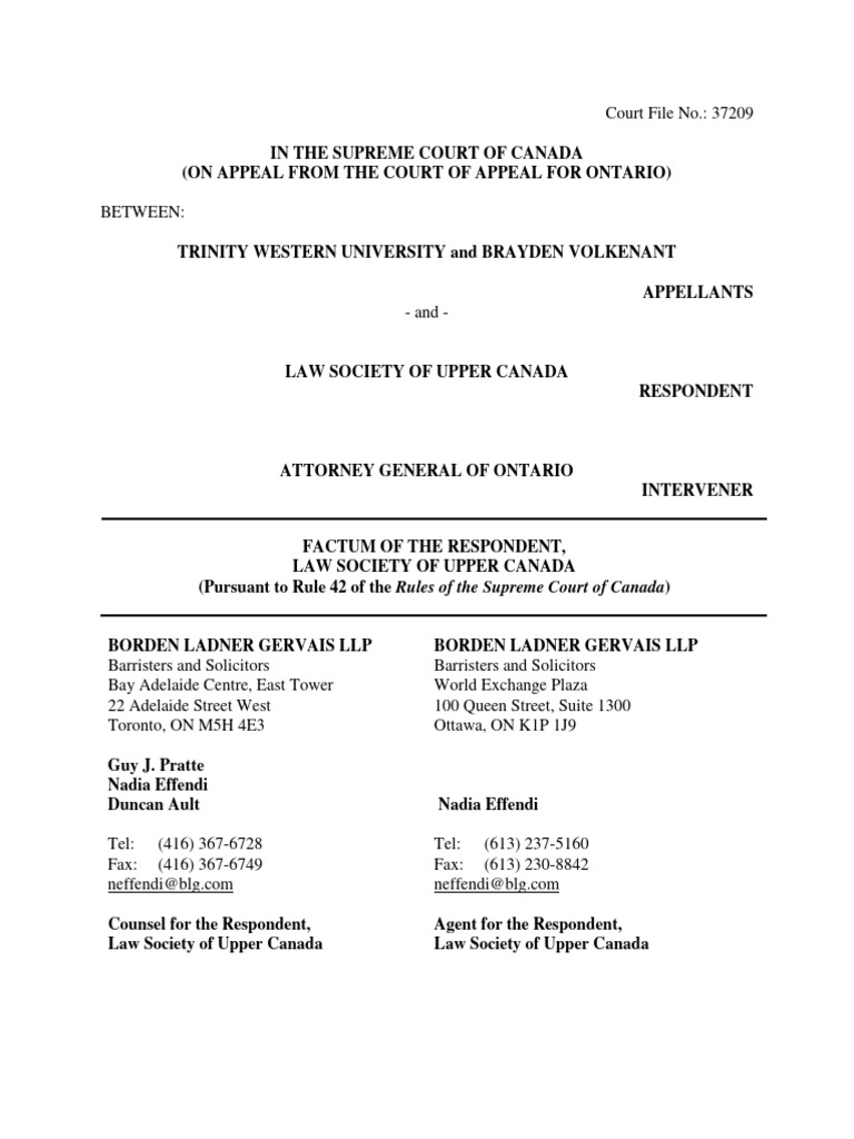 Trinity Western - Respondent Factum | PDF | Discrimination | Marriage