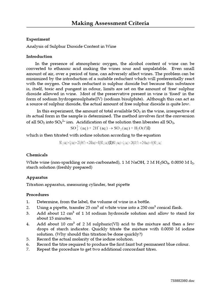 Analysis of Sulphur Dioxide Content in Wine | PDF | Titration | Chemistry