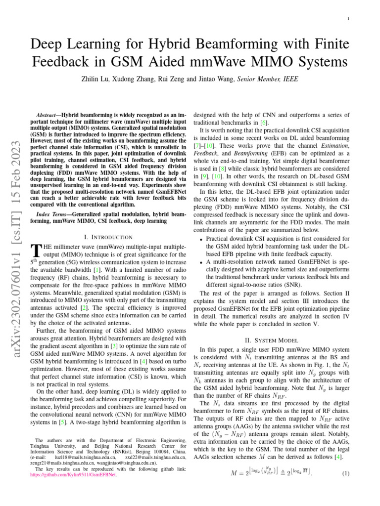 Deep Learning For Hybrid Beamforming With Finite Feedback in GSM Aided Mmwave Mimo Systems | PDF