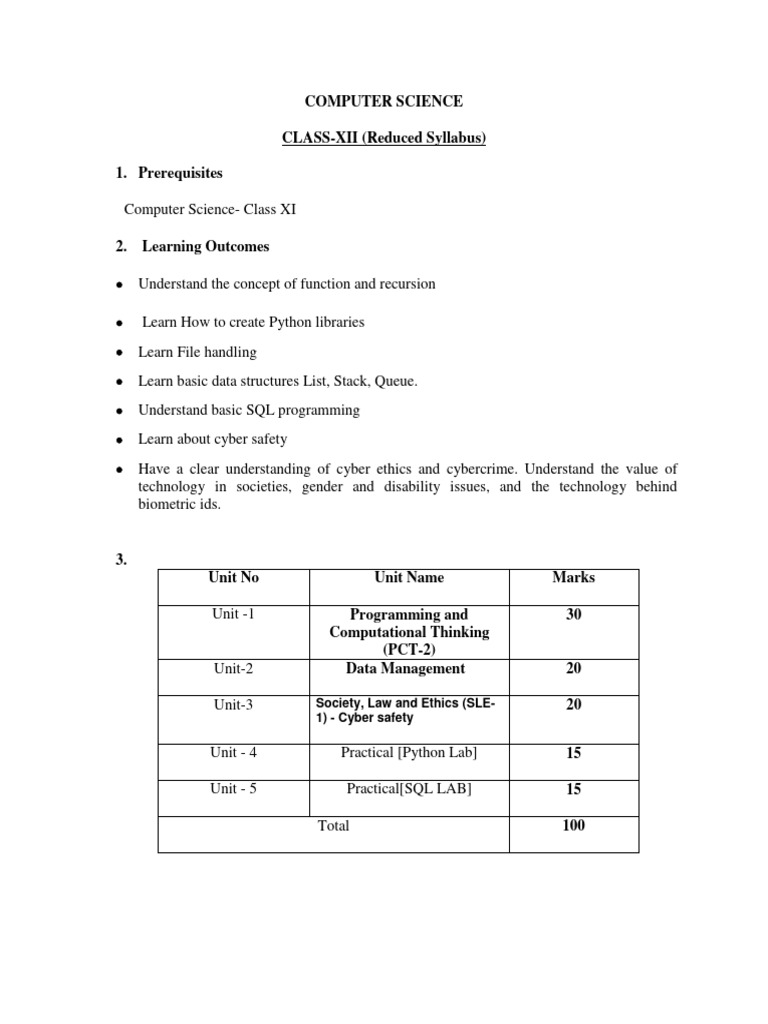 Reduced Computer Syllabus For Class XII | PDF