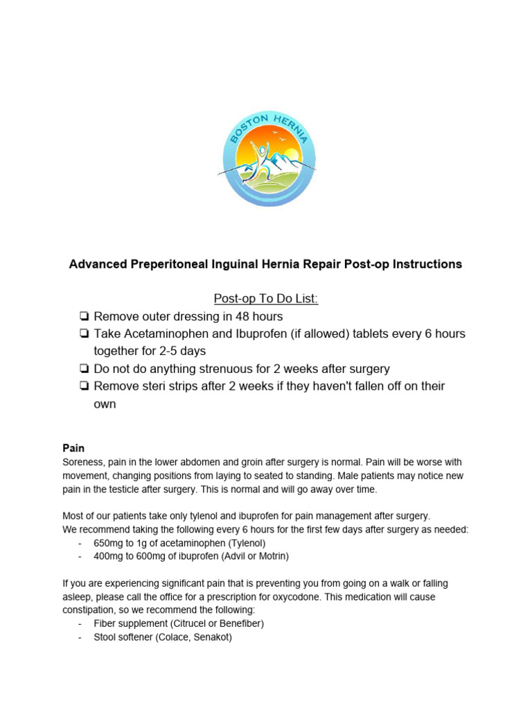 Preperitoneal Inguinal Hernia Repair Post Op Instructions 1 | PDF ...