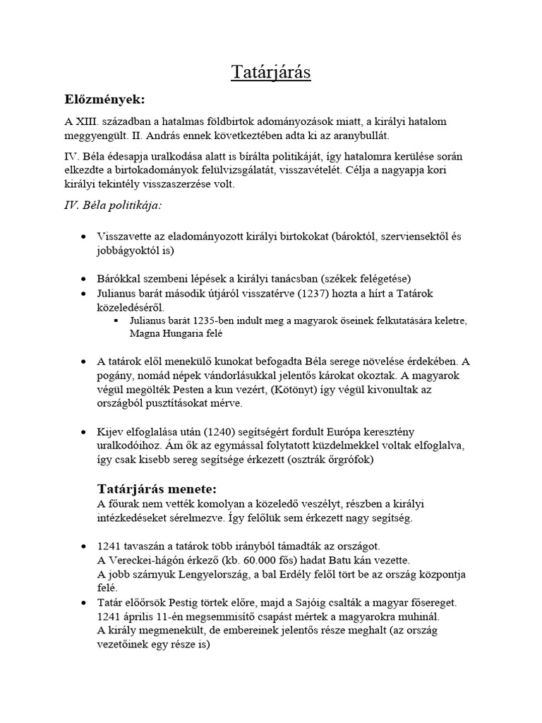 Tatárjárás Tétel | PDF
